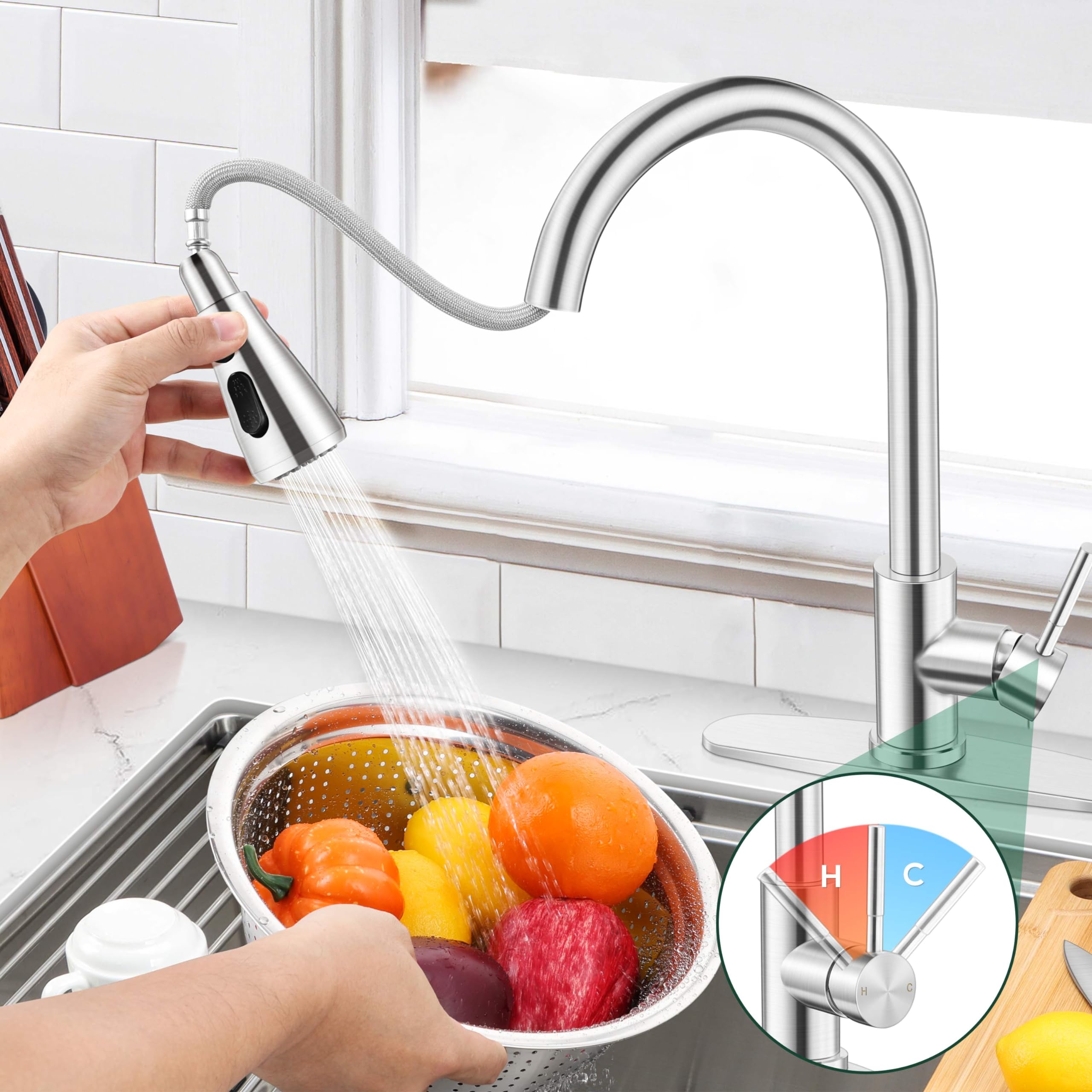 Onader Kitchen Faucet with Pull Down Sprayer Brushed Nickel Faucet with Soap Dispenser Stainless Steel Farmhouse RV Kitchen Sink Faucets