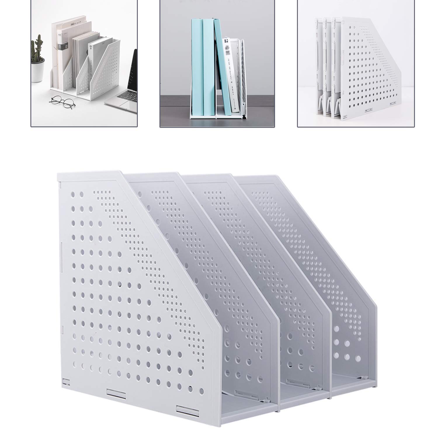 deli Collapsible Magazine File Holder/Desk Organizer for Office Organization and Storage with 3 Vertical Compartments