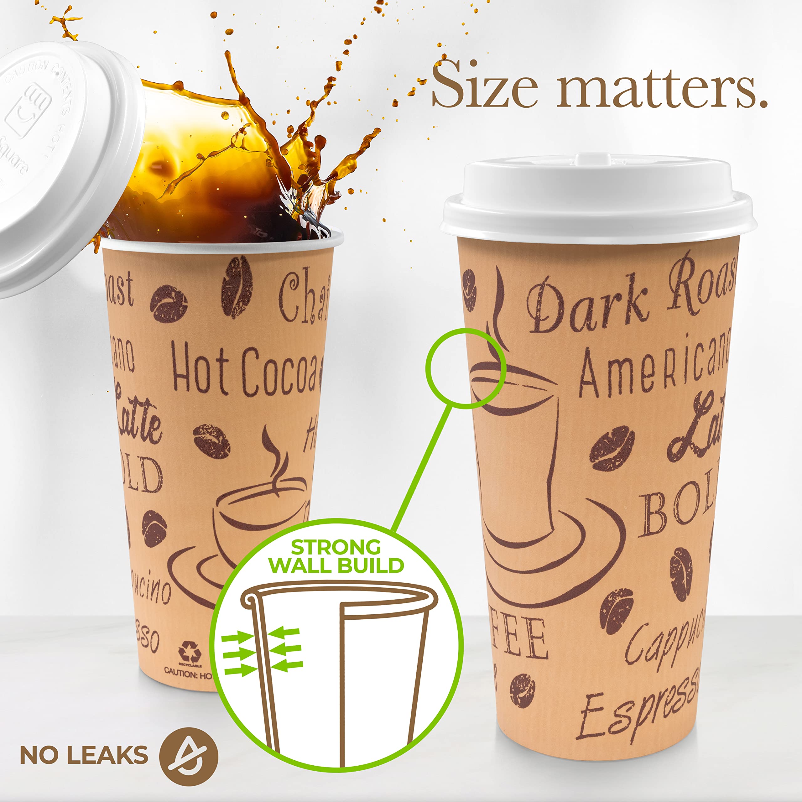 Disposable Coffee Cups with Lids 16 oz (100 Pack) - To Go Paper for Hot & Cold Beverages, Coffee, Tea, Chocolate, Water, Juice Eco Friendly