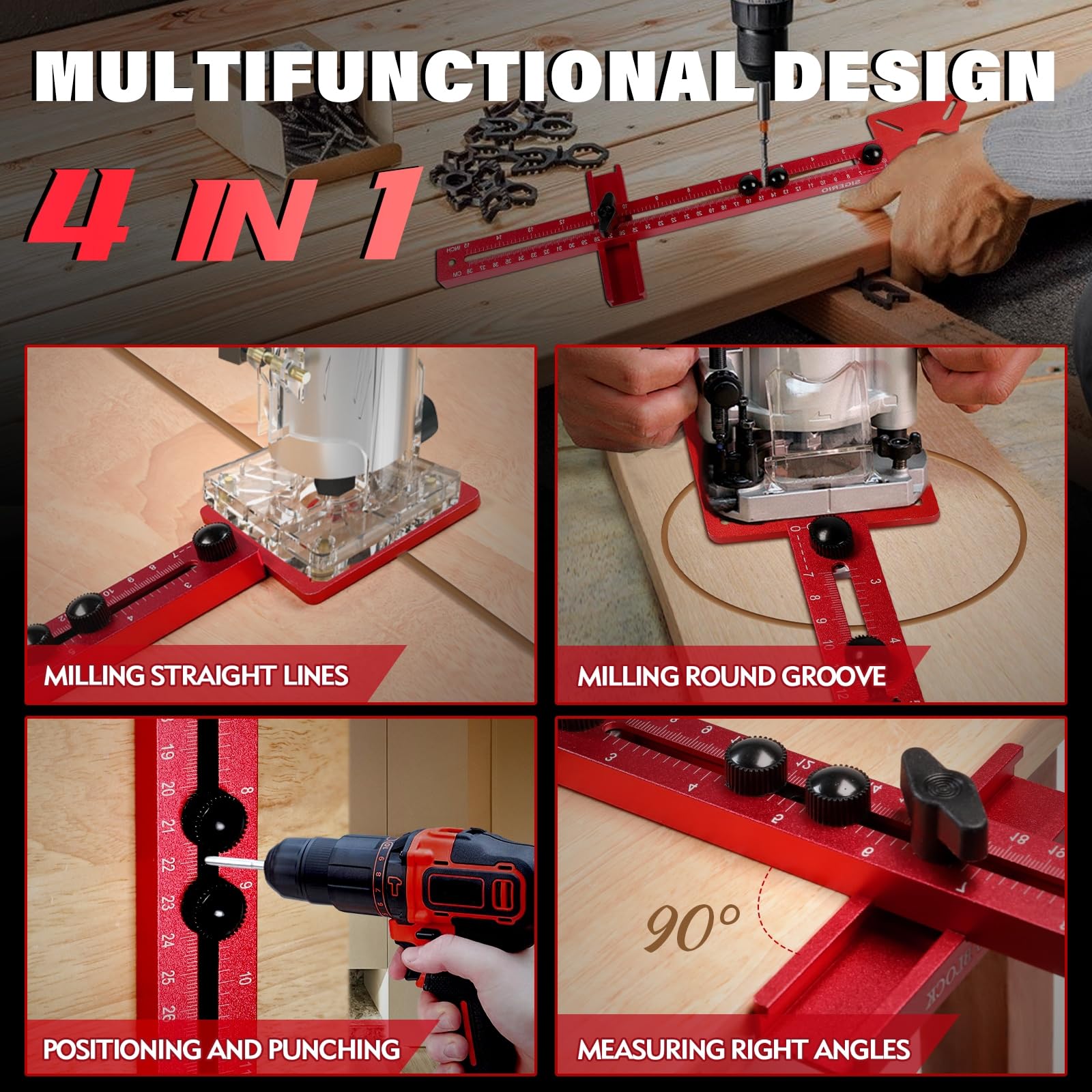 Sigerio 4 in 1 Router Milling Groove Bracket, Aluminum Alloy Router Circle Cutting Jig, Multifunctional Cabinet Hardware Jig and Router Guide, Adjustable Router Jig Tool for Woodworking (Rose Red)