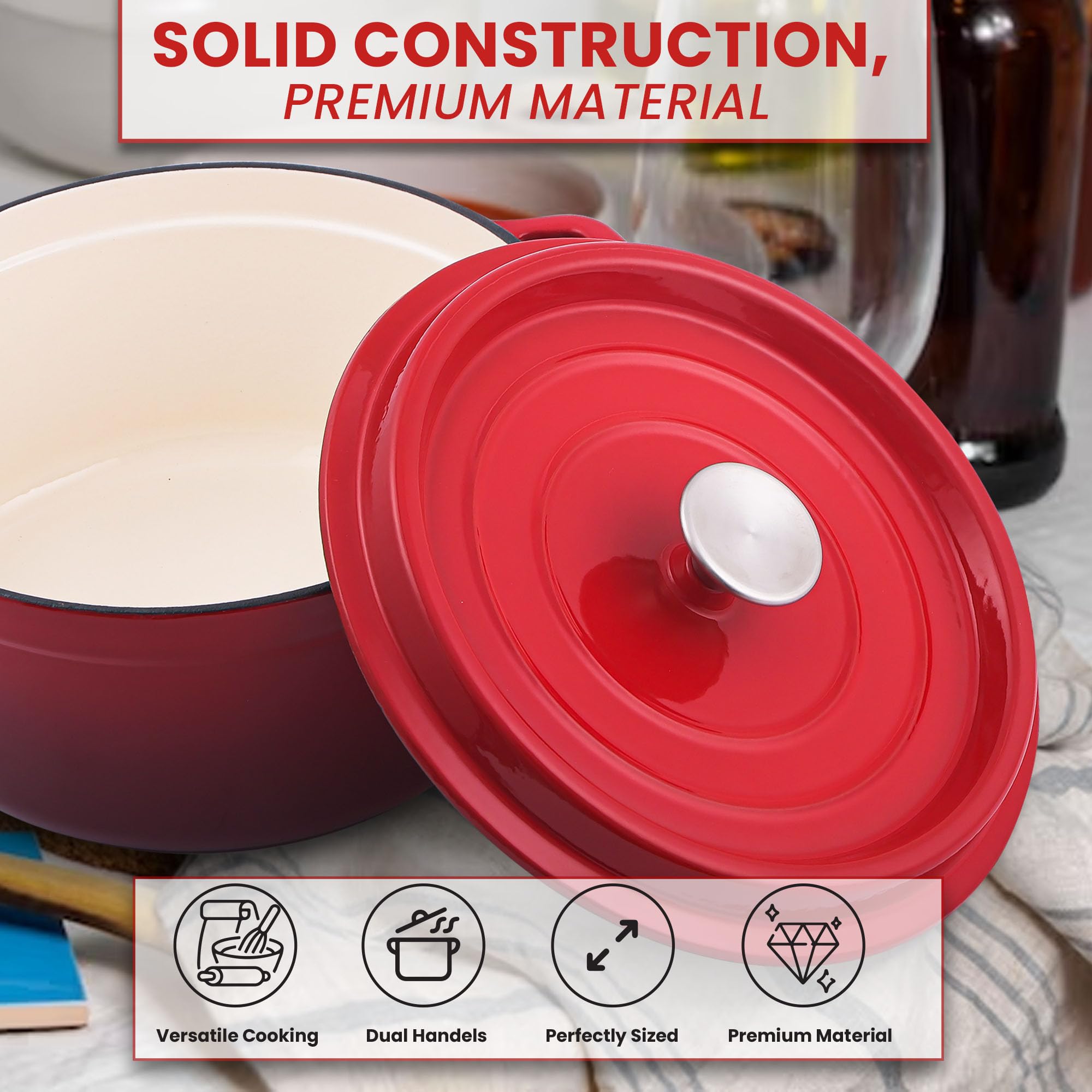 Iron Gourmet™ Enameled Cast Iron Dutch Oven Pot With Lid – Red | Versatile 6 Quarts I Dutch Oven Pot With Lid For Marinating, Baking, Refrigerating, And Serving | Dual Handles I Large