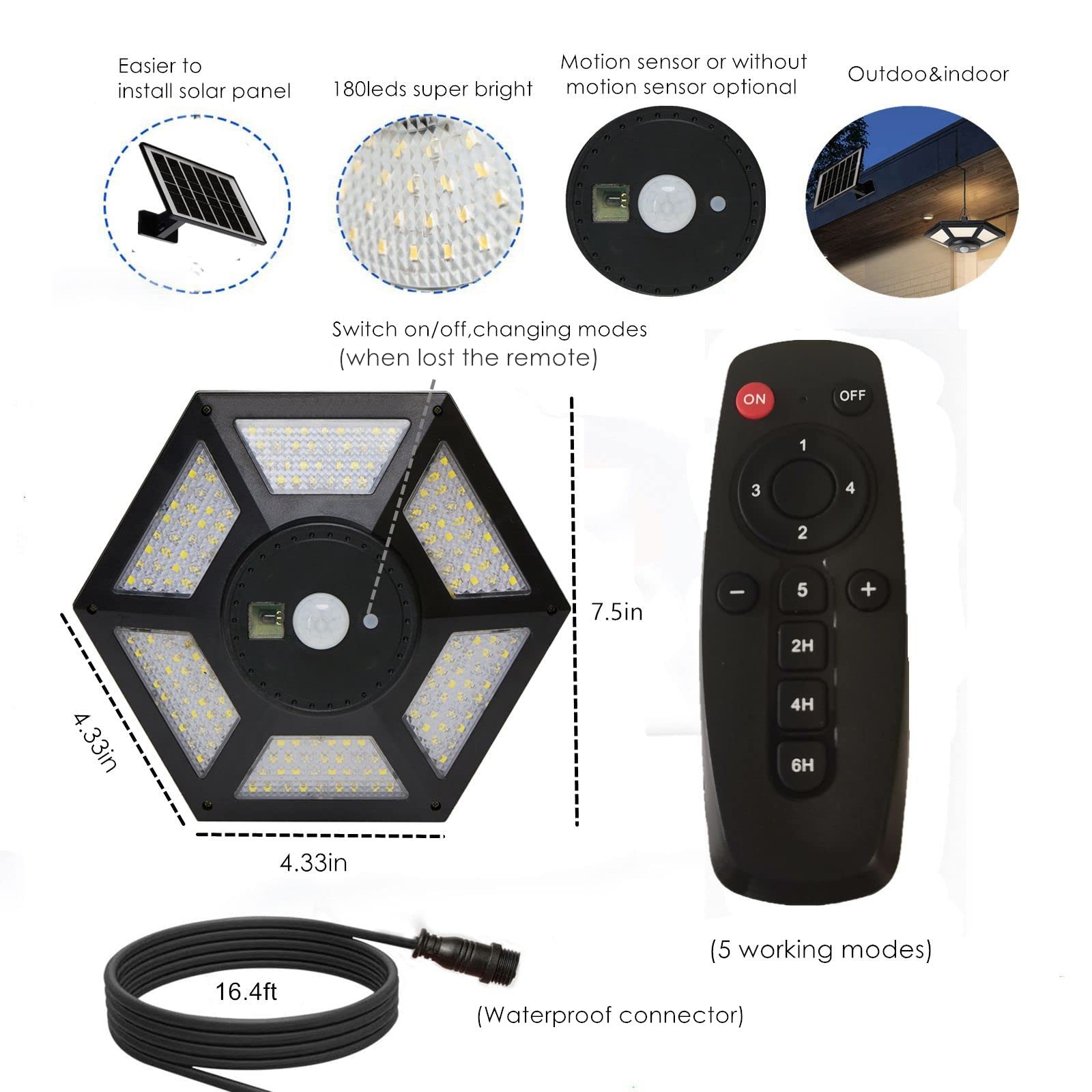 HULPPRE Solar Shed Light Motion Sensor-5 Modes,Daytime Avaialble,180Leds 360° Bright Solar Light Indoor&Outdoor with Remote,IP65 Barn/Chicken Coop/Ceiling/Pendant Light for Gazebo,Patio,Yard