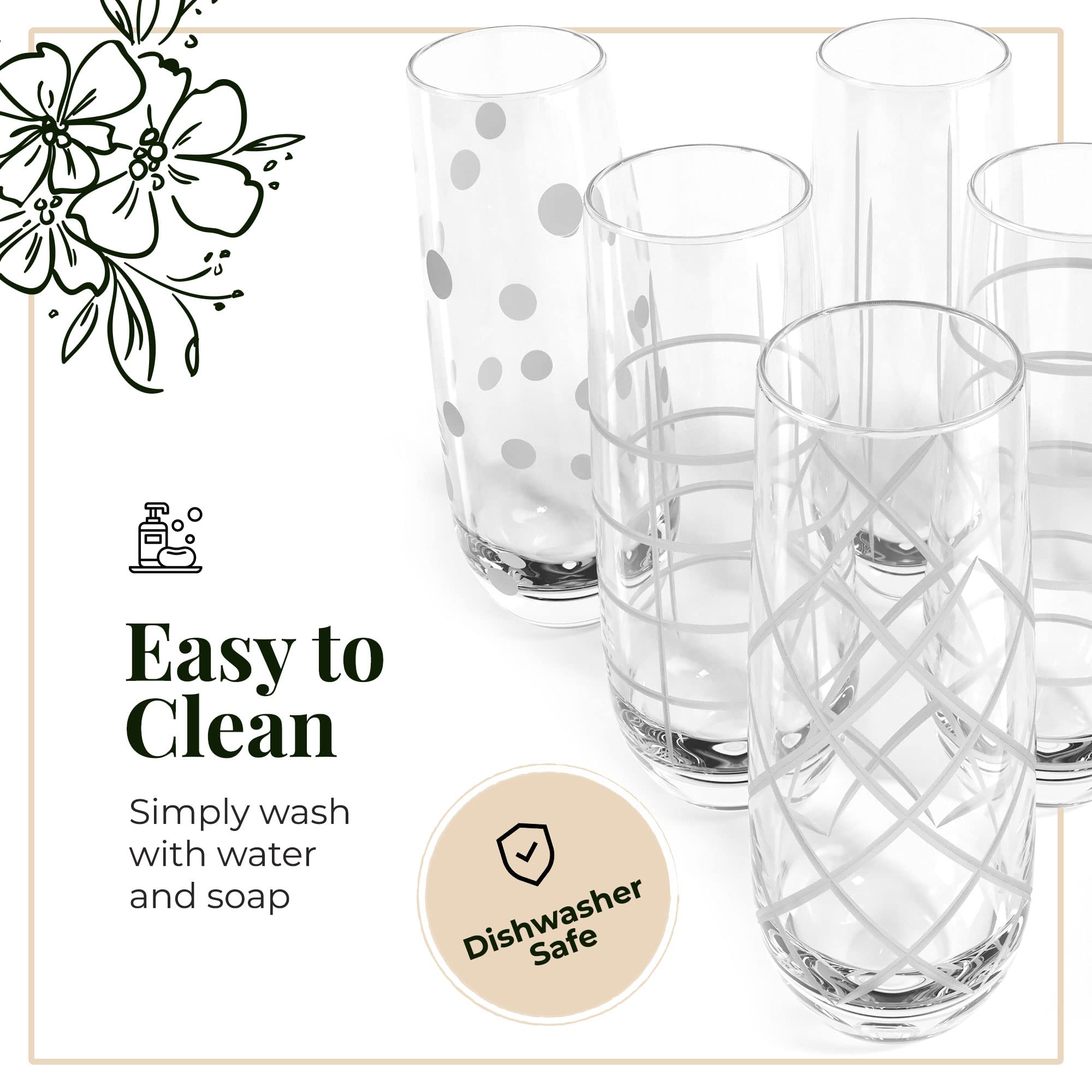 Fifth Avenue Crystal Medallion Stemless Champagne Flutes, Durable Glass, Mimosa, Cocktail Glasses Set, Prosecco Wine Flute, Bar Glassware, Toasting Wedding Glasses, Set of 6, Etched Patterns, 9.5oz