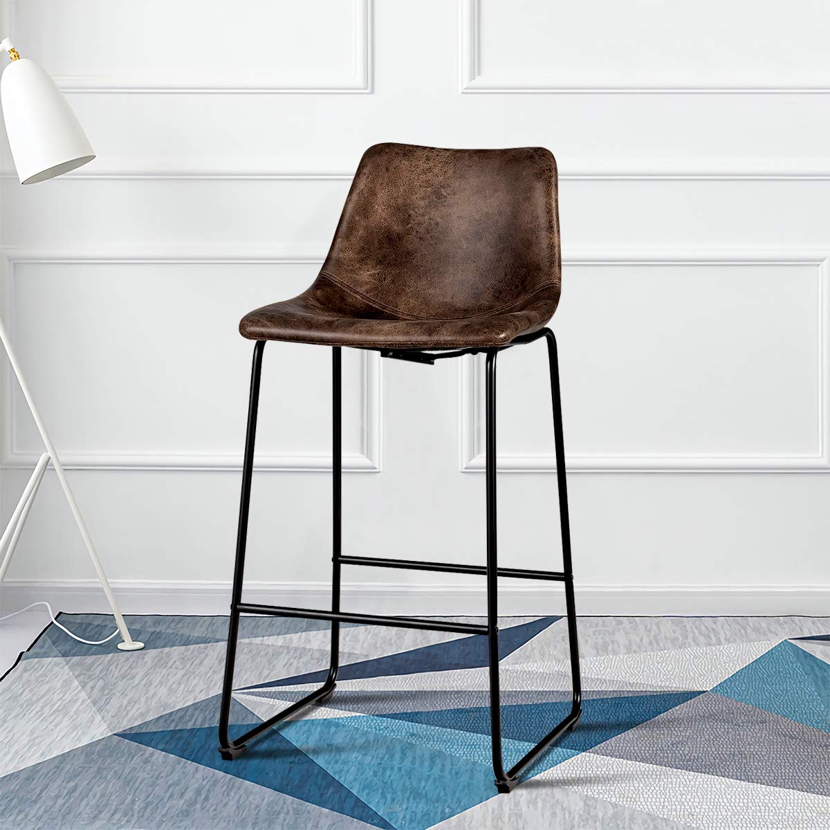 COSTWAY Set of 2 Bar Stools, Vintage Faux Suede Bar Stools, with Metal Legs, Back and Footrest, Upholstered Stools for Home Kitchen, Pub (Brown, 4)