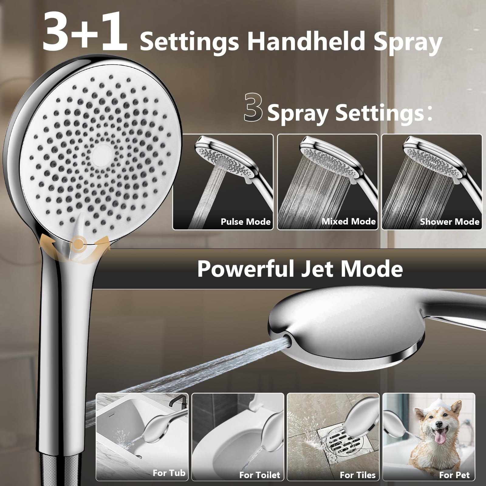 Dual Shower Head, 10'' High Pressure Rain Shower Head with 16'' Upgraded Adjustable Extension Arm, 3+1 Settings Handheld Spray,Built-in Power Wash,Retractable 60'' Shower Hose, 3-Way Diverter, Chrome