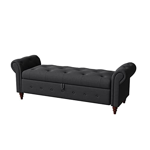 End of Bed Storage Bench Ottoman Linen Fabric Upholstered Button Tufted Padded Footstool Bench&Ottoman with Armsrest and Soild Wood Legs for Home Apartment Entryway Living SpaceDark Grey
