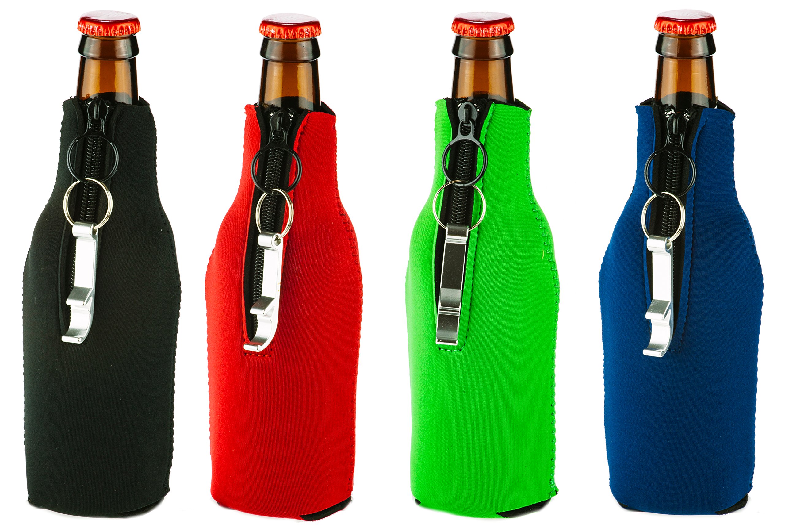 Funny Guy Mugs Premium Plain Collapsible Neoprene Bottle, Mullti-Colored, Set of Four With Bottle Openers