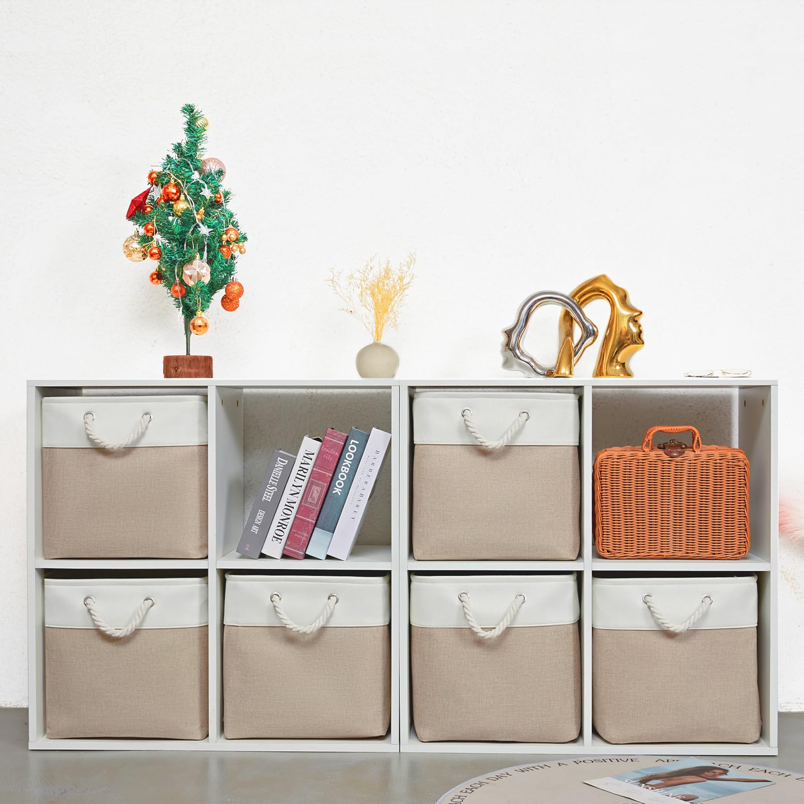 ISEMINGLA 13 x 13 Inch Storage Cubes,6 Pack Cube Storage Bins for Shelves,Fabric Collapsible Storage Bins with Handles, Foldable Storage Basket for Organizing Clothes, Toys, Books (White&Beige)