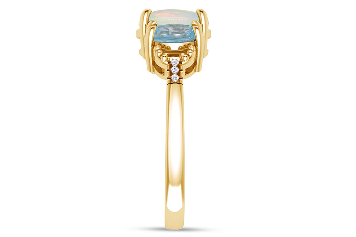 GEMVIO Collection Three Stone Design,Centre 6X8MM Oval Cut Natural Opal & 4X6MM Side Natural Swiss Blue Topaz With Diamond Accent Engagement Ring In 14K Yellow Gold Over Sterling Silver(2 Cttw)-7