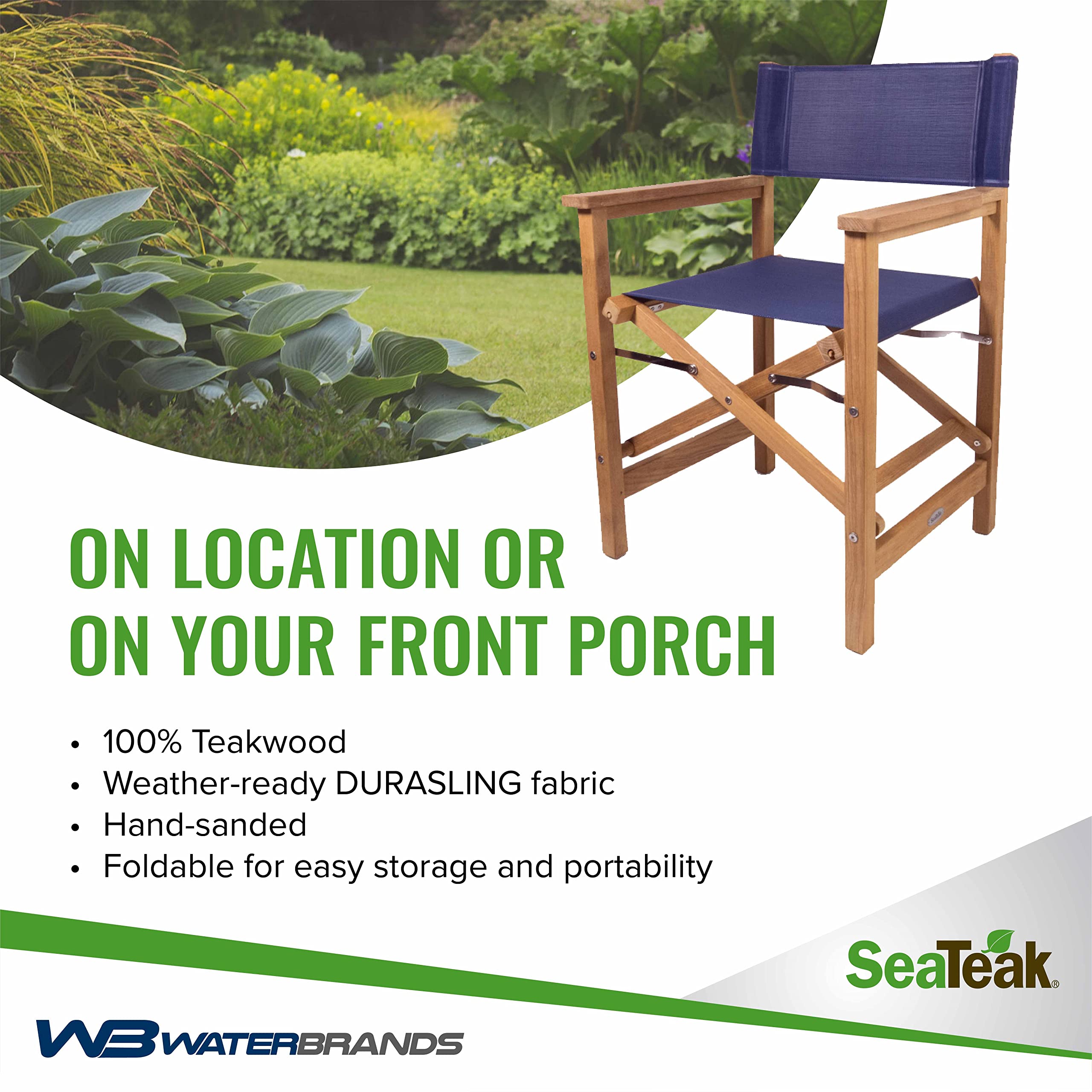 SeaTeak Director's Chair | with DURASLING Fabric Seat Cover | Foldable Directorâs Chair | Blue | 34.5" L x 23.75" W x 20.5" H