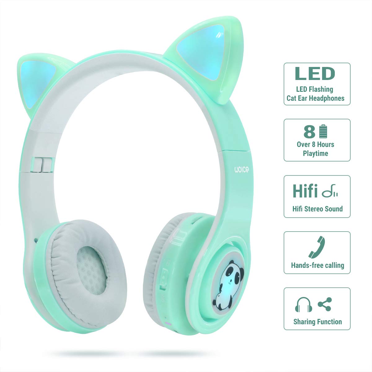 Woice Kids Bluetooth Headphones, Cat Ear LED Light Wireless Foldable Headphones Over Ear with Mic, Music Sharing Function and 0-85dB /110dB Limited for iPhone/iPad/Smartphones/Laptop/PC(Mint)
