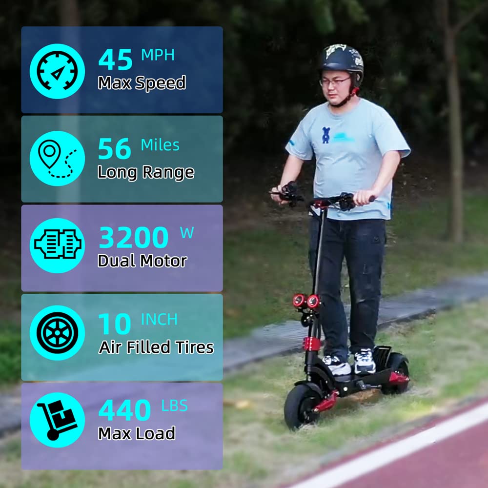 Electric Scooter for Adults-3200W Dual Motor, 45 MPH 56Miles Range 60V21Ah Battery, Dual Braking System & Dual Headlight,10" Pneumatic Tires Offroad Fast Scooter