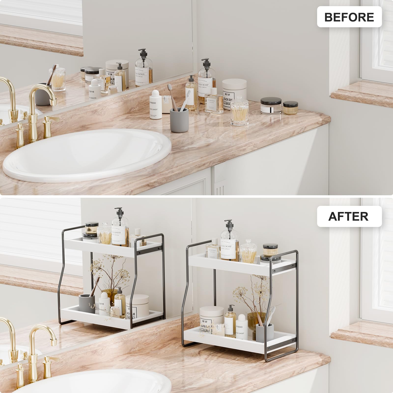 Messmenos Bathroom Organizer Countertop, 2 Tier Solid Wood Vanity Counter Storage Tray, Wooden Stand Organization Shelf for Kitchen&Coffee Bar, Storage Rack for Makeup Perfume Skincare (White)