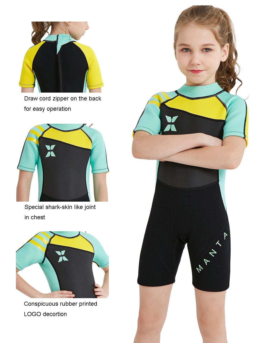 DIVE & SAIL Kids Shorty Suit Short Sleeve Warm Wetsuit 2.5mm Diving Suit Full Suit Back Zipper One Piece Swimsuit Green S