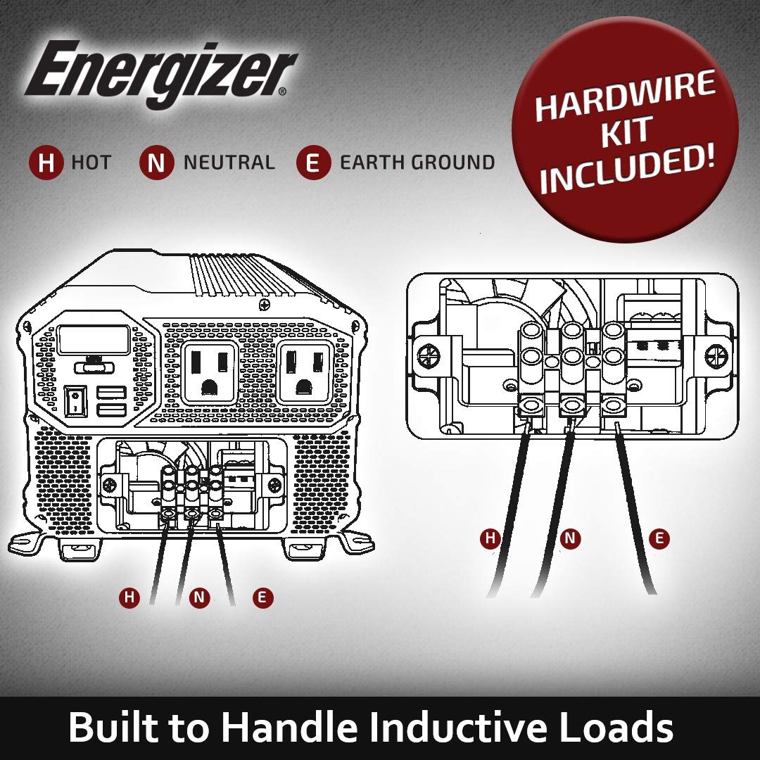 Energizer 3000 Watts Power Inverter Modified Sine Wave Car Inverter, 12V to 110 Volts, Two AC Outlets, Two USB Ports (2.4 Amp) Hardwire Kit, Battery Cables Included β ETL Approved Under UL STD 458