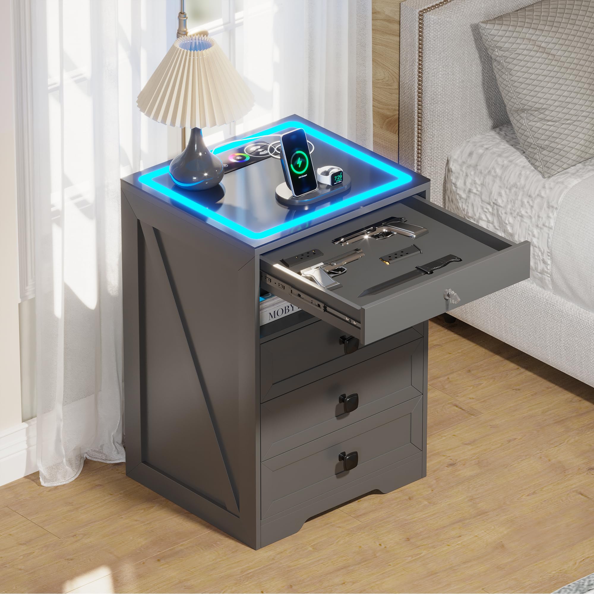 Lvifur RGB Nightstand with Gun Drawer, Glass Top Bedside Table with Wireless Charger Station, LED Night Stand with Human Sensor Design, Modern End Table for Bedroom Living Room (White)