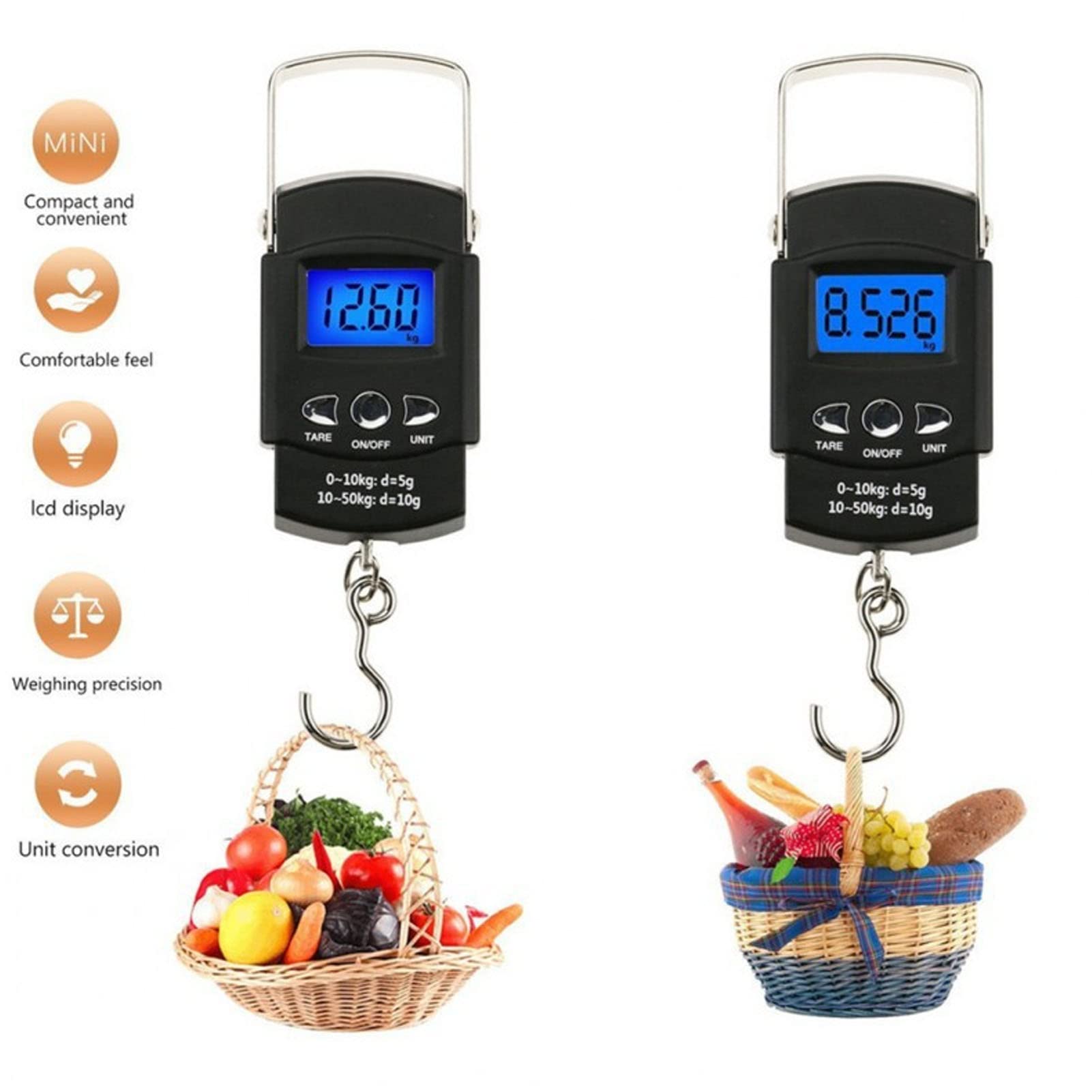 Electronic Hook Scale LCD Fishing Scale Electronic Hanging Hook Scale Digital Hanging Fishing 50kg with 1meter Concealed Tape Measure