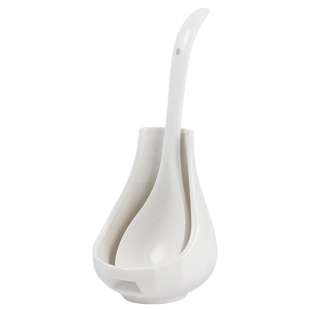 Luxshiny Hot Pot White Ceramic Soup Ladle with Rest Set Porcelain Big Ladle Spoon Asian Soup Tureen Spoon Flatware for Stews Gravy Sauce Soup Spoon Stand