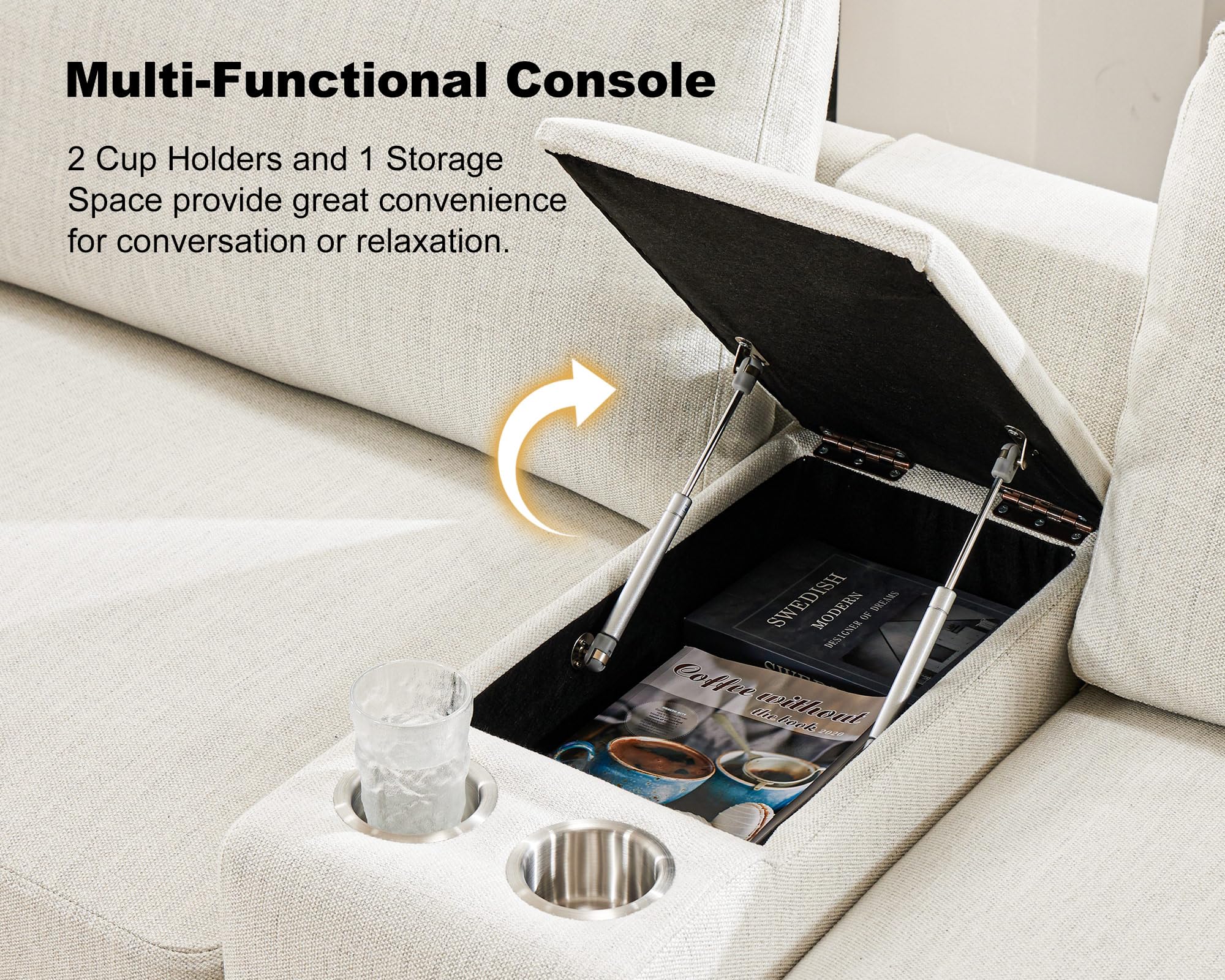 Luxury Sectional Sofa with Console, 2 Cup Holders, Upholstered Modern Linen Fabric 6-Seat Couch with Sloped Armrests & Detachable Cover, Modular Sofas Couches for Living Room, Apartment, Office, Ivory