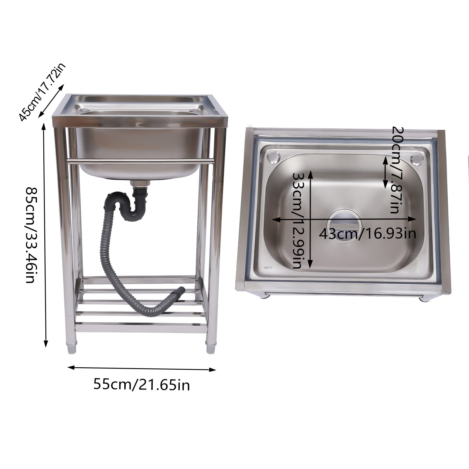 Cutycaty Standing Kitchen Sink, Stainless Steel Single Bowl Basin Sink with Silencing Pad and S-Shaped Water Pipe, Space-saving Catering Washing Bowl for Kitchens Bars Restaurants