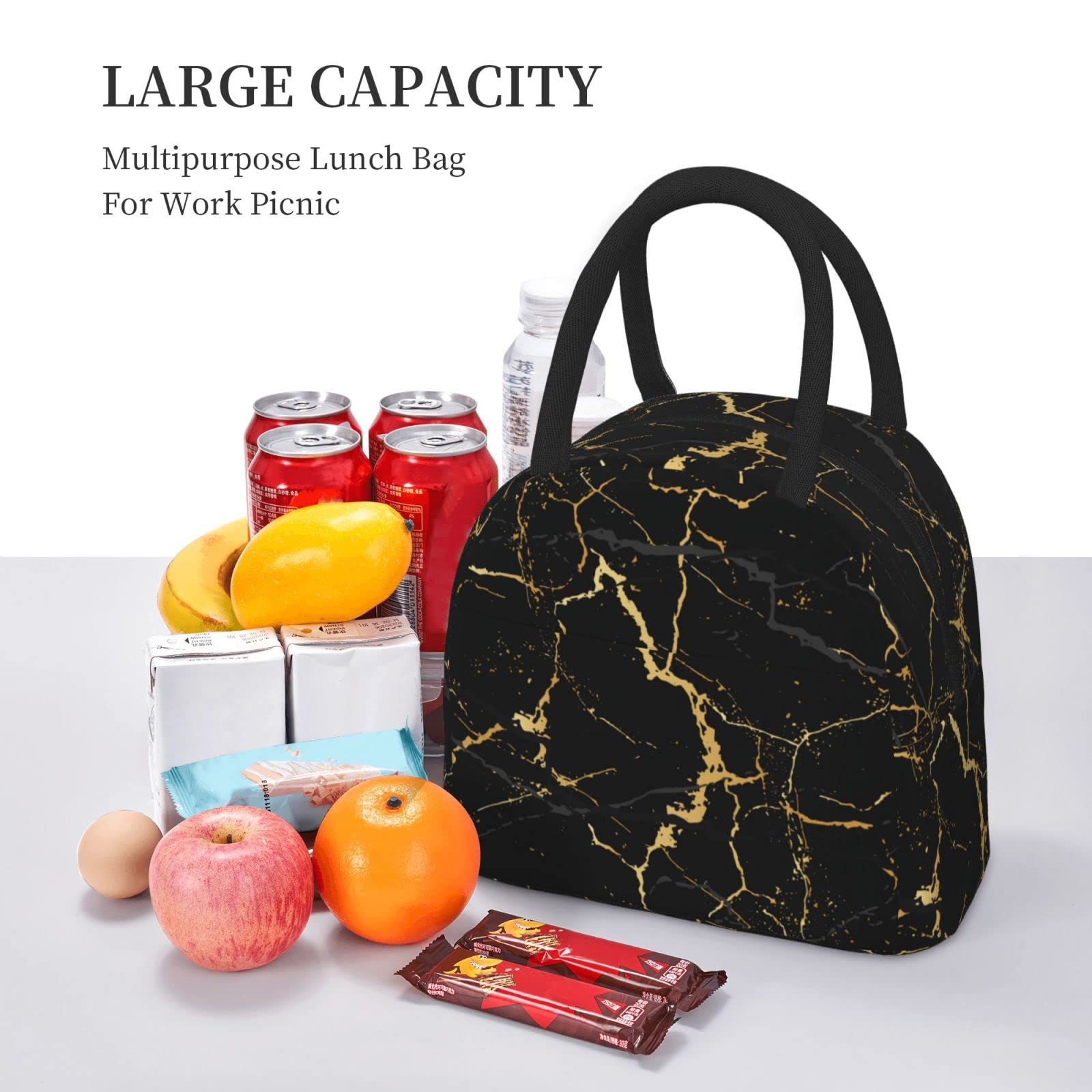 Fiokroo Lunch Bag Insulated Black Marble Texture Lunch Box Marbling Reusable Lunch Tote Bag For School Work College Outdoor Travel Picnic, 10l