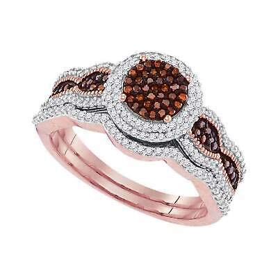 Elegant Touch Round Cut Brown Diamond Halo White Diamond Wedding Ring Set Curved White Diamond Band-Ring 14K Rose Gold Plated