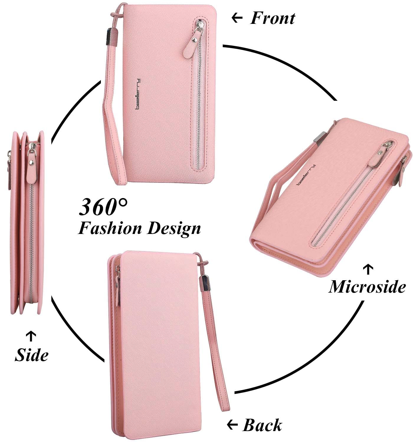 Women’s Long PU Leather Wallet with Credit Card Holders Money Organizer Zipper Purse Wristlet Handbag (A Pink)