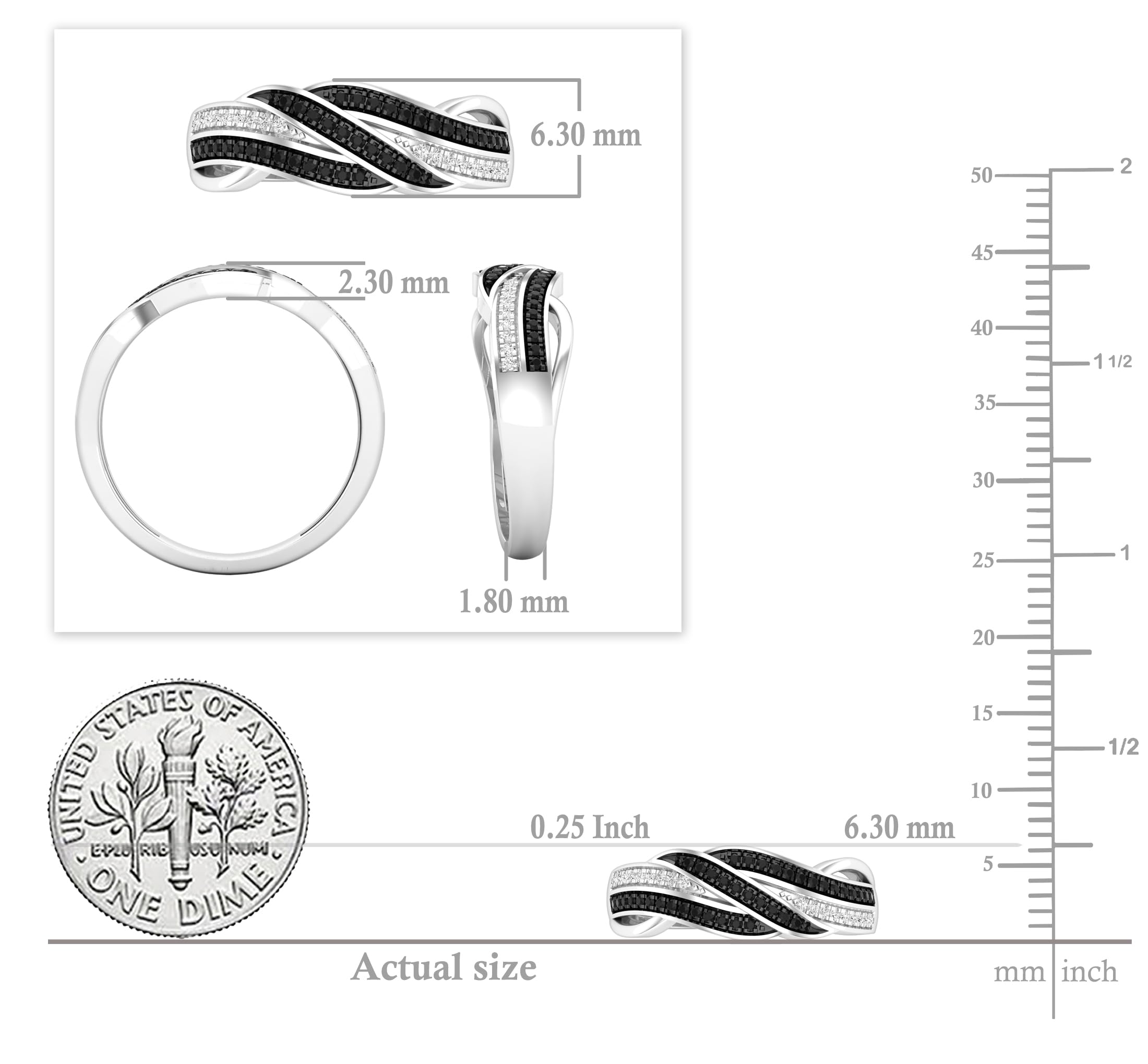 Dazzlingrock Collection 0.15 Carat (ctw) Round Black & White Diamond Ladies Swirl Cocktail Right Hand Ring, Sterling Silver, Size 8