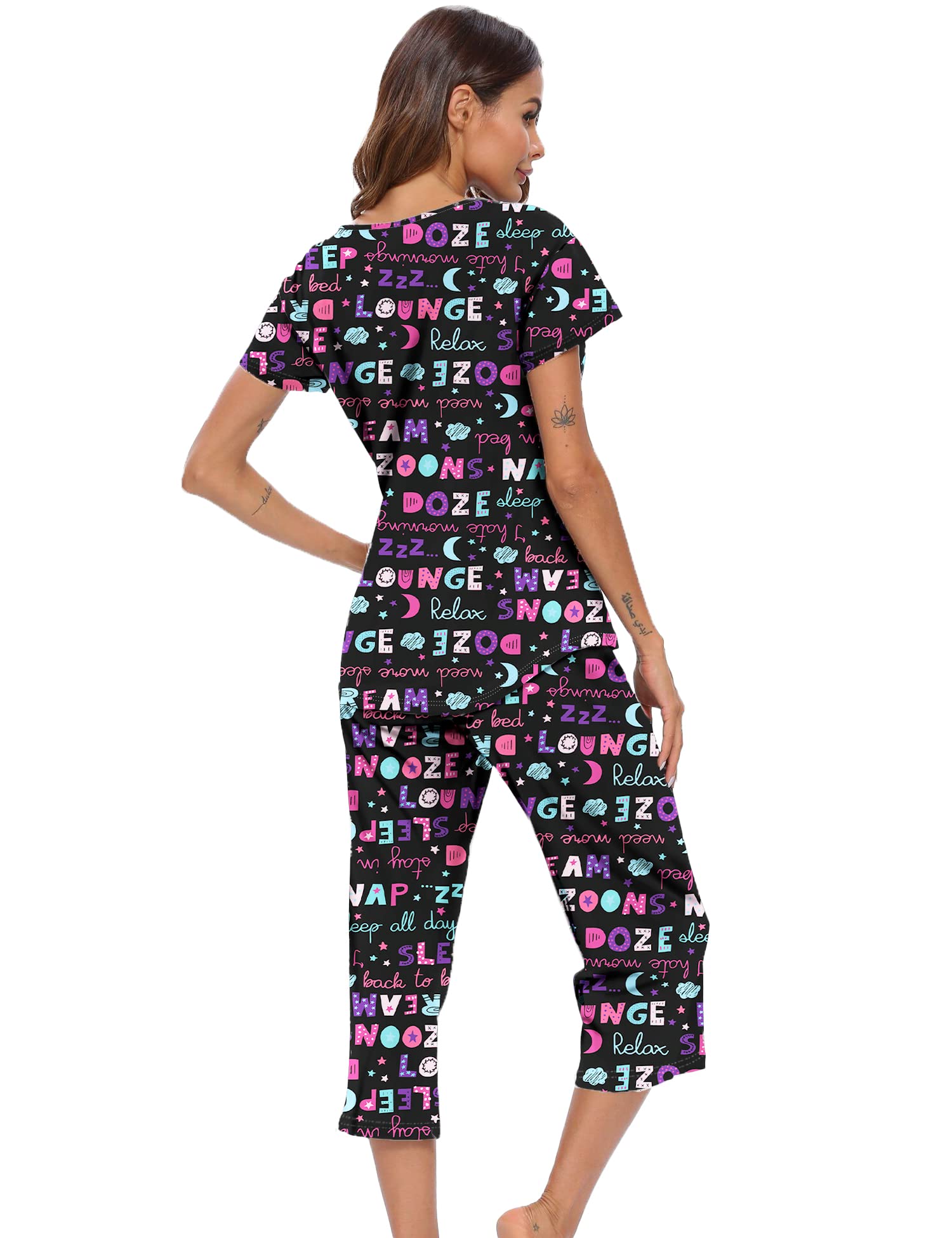 ENJOYNIGHT Women's Pajama Sets Cotton Sleepwear Tops with Capri Pants Summer Pjs (ABC, X-Large)
