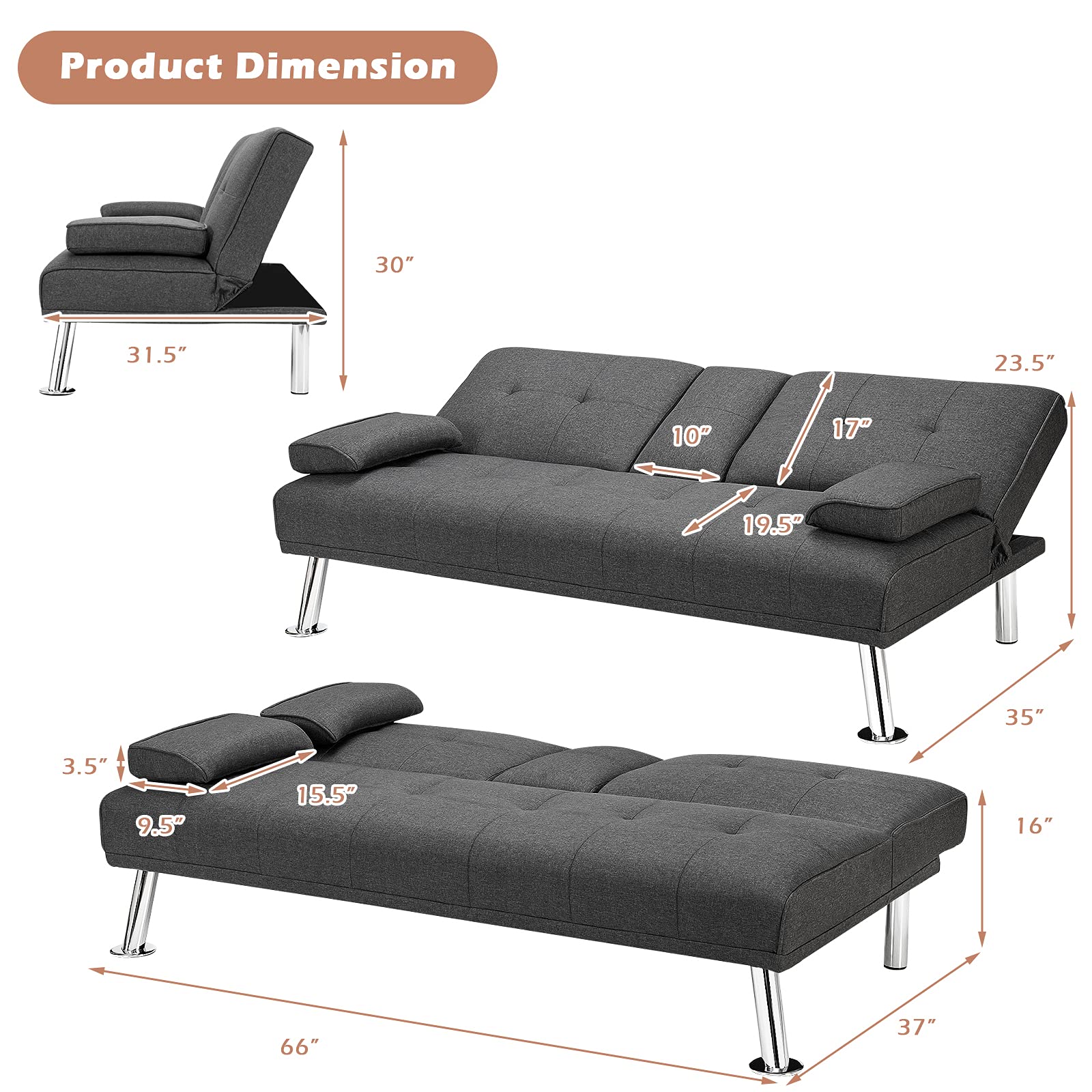 KOMFOTT Upholstered Futon Sofa Bed, Linen Futon Sofa Couch with Adjustable Backrest & Removable Armrests, 2 Cup Holders, Convertible Sleeper Sofa Love Seat for Living Room Apartment (Dark Gray)