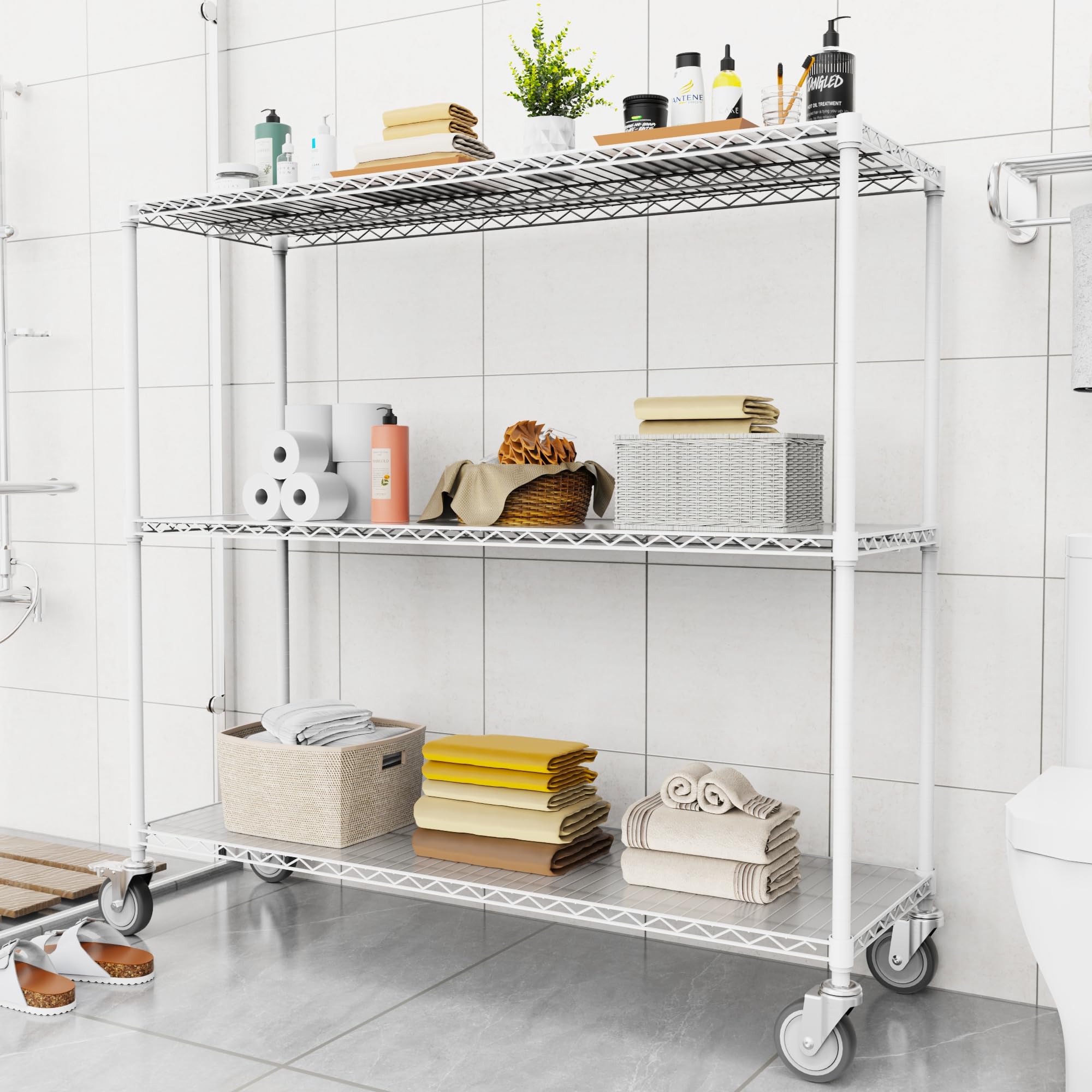 Metal Shelf Wire Shelving Unit, 3 Tier 3000lbs NSF 18"D x 48"L x 54"H Heavy Duty Adjustable Wire Rack with 5in Wheels and Shelf Liners for Garage Kitchen Office Garage Utility Storage Rack - Black
