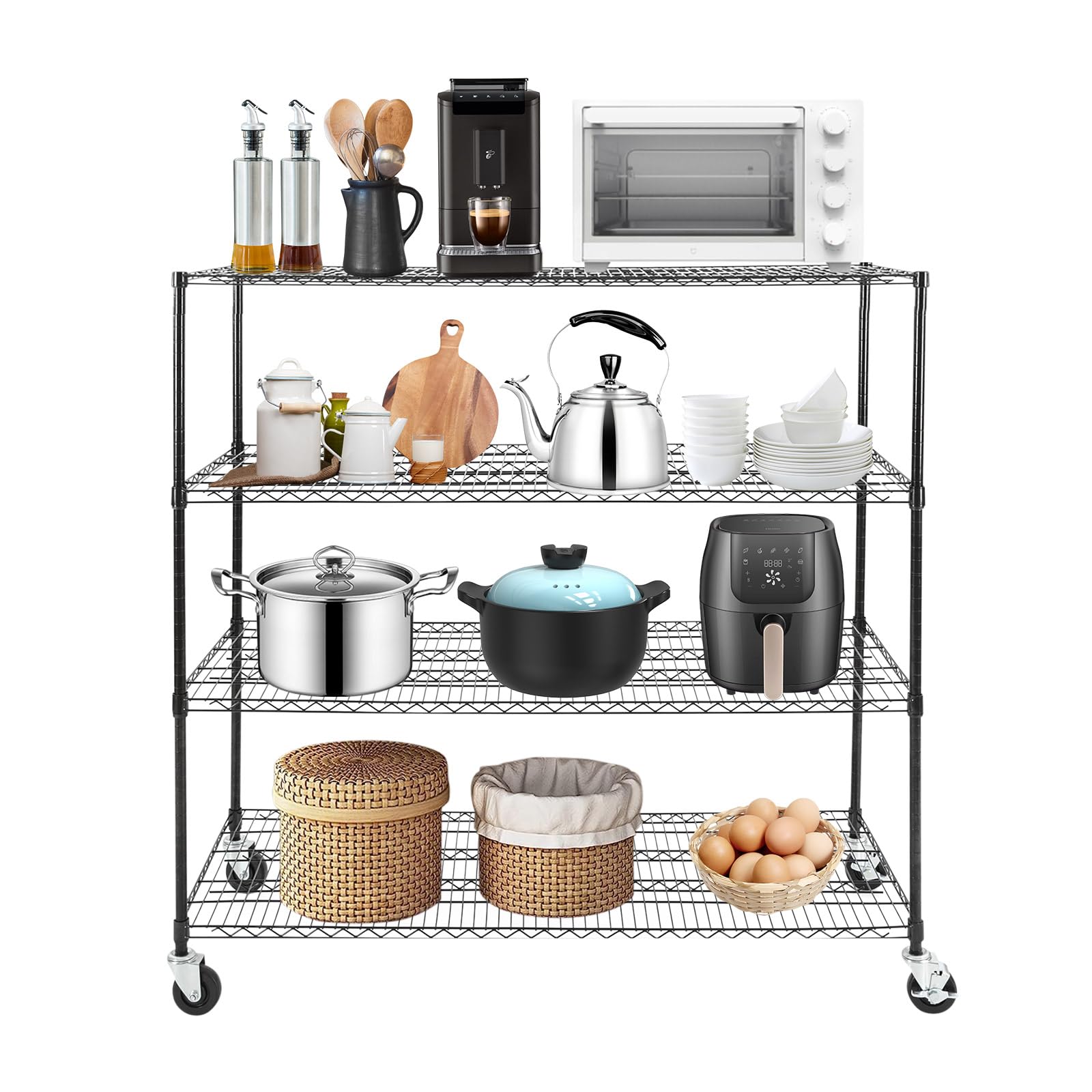 Metal Shelving Unit With Wheels, 4-Tier Wire Shelving, With Four Universal Wheels,Adjustable Support, Freestanding Heavy Duty Metal Wire Storage Shelf Rack For Warehouse, Industrial Or Commercial Etc