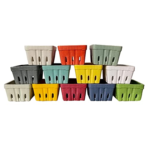 First of a Kind Stoneware Berry Baskets - Set of 4 Berry Containers Bowl - Multicolor - 4.25 Inch Square Kitchen Fruit Basket, Ceramic Berry Basket Bins for Veggie, Berry & Fruits (Style 4)