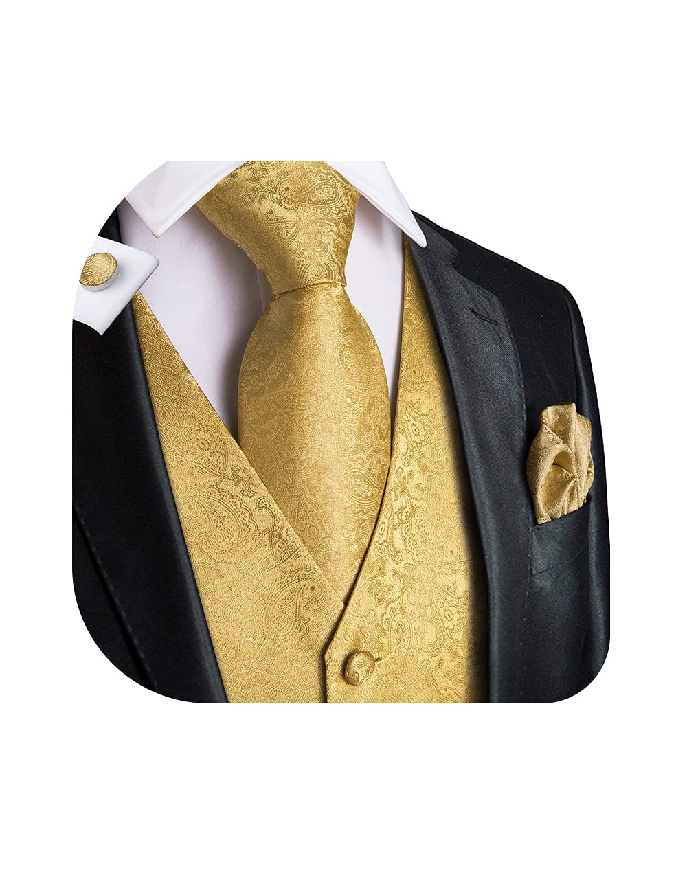 Dubulle Mens Suit Vest and Tie Set Paisley Floral Waistcoats for Men with Necktie Pocket Square Cufflinks Tuxedo Wedding,Gold,Large