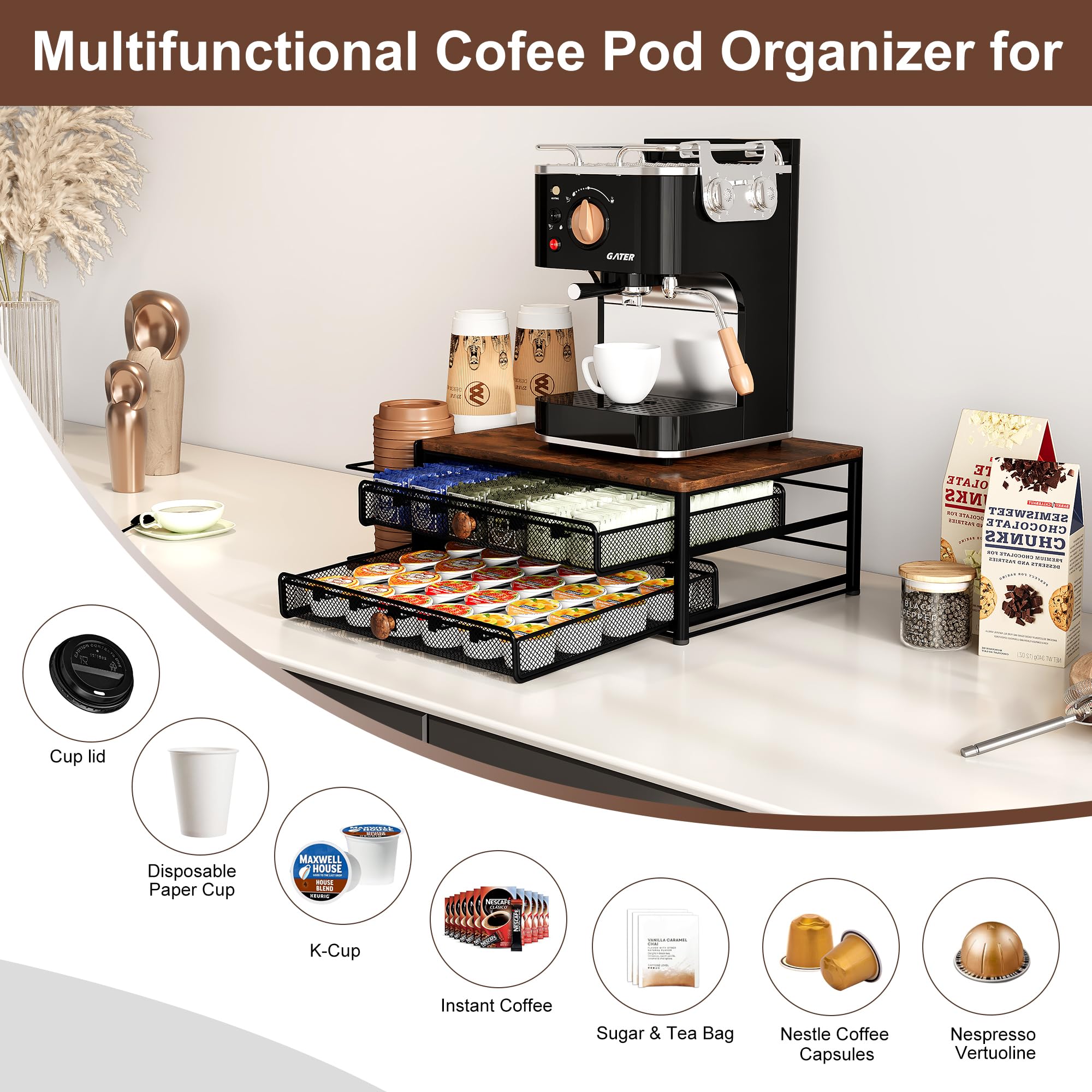 IZLIF Coffee Pod Stand 60 Capacity Coffee Cup Holder 2 Tier Coffee Pods Drawer Organizer for Countertop Coffee Bar Station Organizer with Disposable Cups Lids Holder, Black