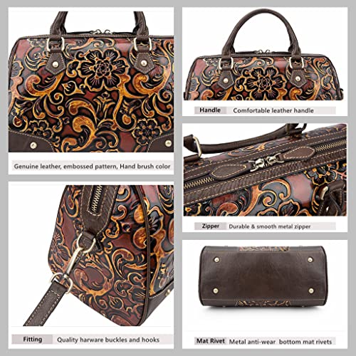 Genuine Leather Embossed Purses for Women, Retro Crossbody Handbag Satchels with Vintage Floral Design (wine red)
