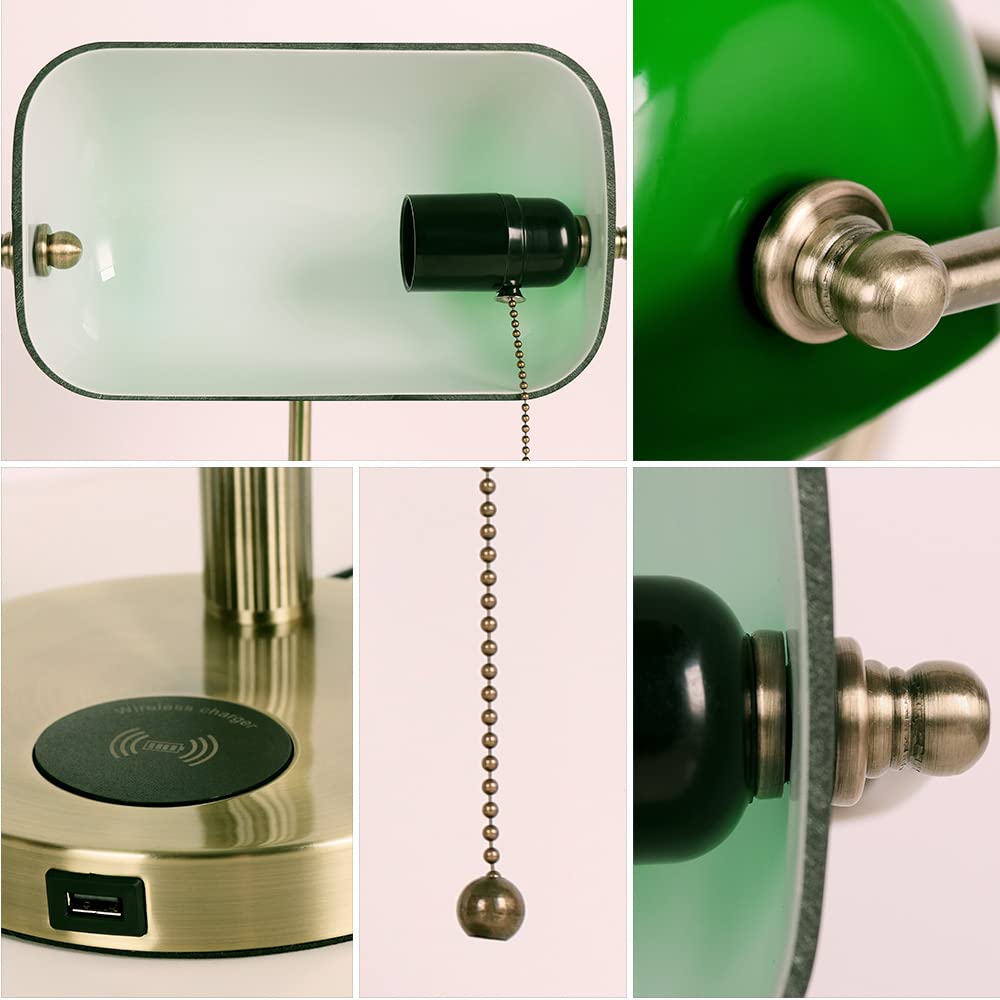 FIRVRE Glass Bankers Desk Lamp USB Wireless Charging Port LED Desk Lamp Classic Retro Pull Chain Switch Table lamp Reading Modern for Home Office nightstand Bedside Study Desk Library (Green)