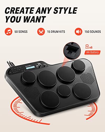Donner Electronic Drum Set, 7 Pad Digital Portable Drum Kit, Tabletop Drum Pad Machine with Digital Panel, Built-in Speakers, Headphones Jack, PC connection Support, Ideal Holiday Gift(DED 60T)