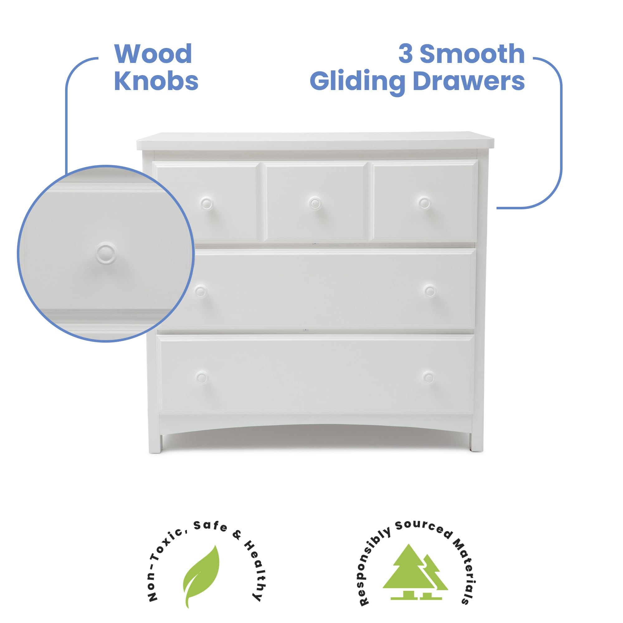 Delta Children 3 Drawer Dresser with Interlocking Drawers, Bianca White