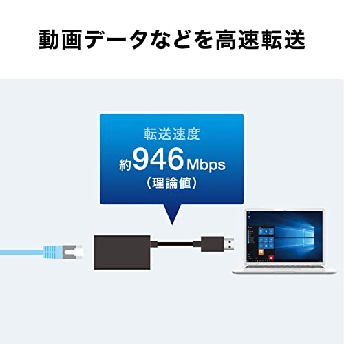 Sanwa Supply USB-CVLAN3BKN USB 3.2 to LAN Converter Adapter (with USB Hub Port, Black)