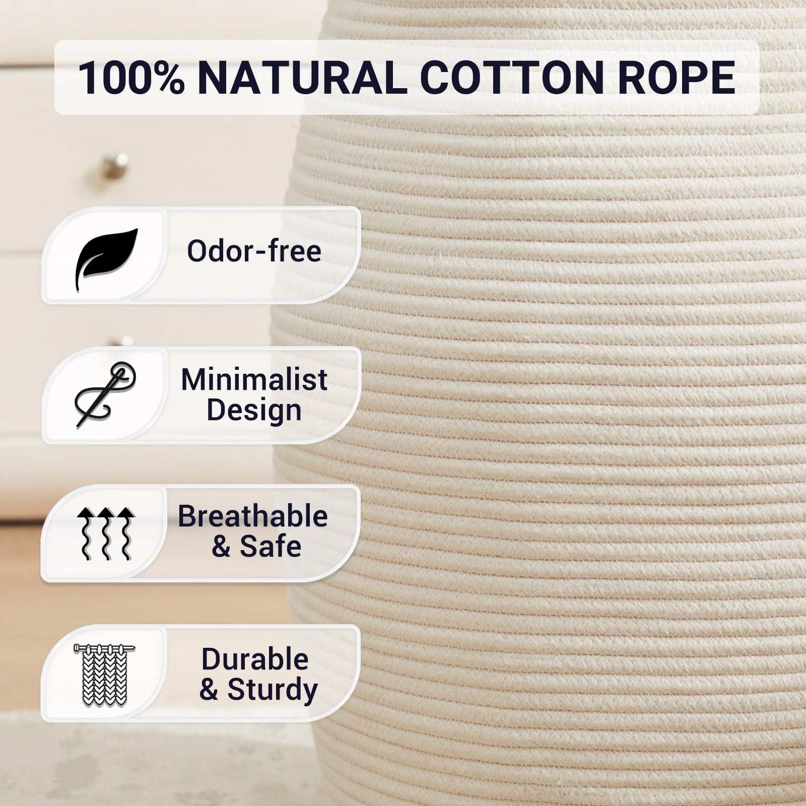 Cotton Rope Laundry Hamper Basket, 65L Woven Large Laundry Basket, Tall Dirty Clothes Hamper for Storage Blankets, Toys in Bedroom, Living Room Organizing-Collapsible-Beige