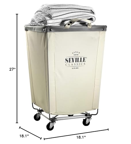 Seville Classics Large Commercial Heavy Duty Rolling Steel Frame Laundry Hamper Canvas Cart Bin, w/ Wheels for Hotel, Home, Closet, Bedroom (PATENTED), Cream, 18.1" D x 18.1" W