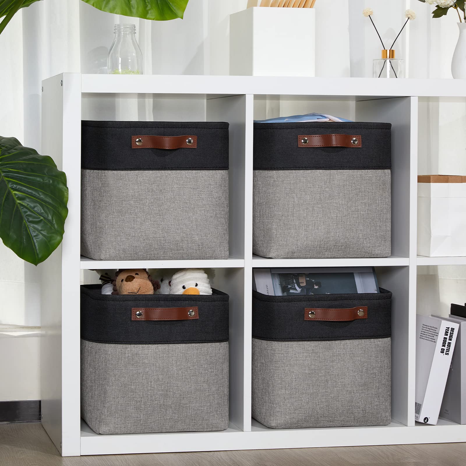 DULLEMELO Collapsible Bundle Baskets 4 Cube Baskets 11"x11"x11" + 2 Narrow Baskets 15"x6"x5.5"(Black&Grey)