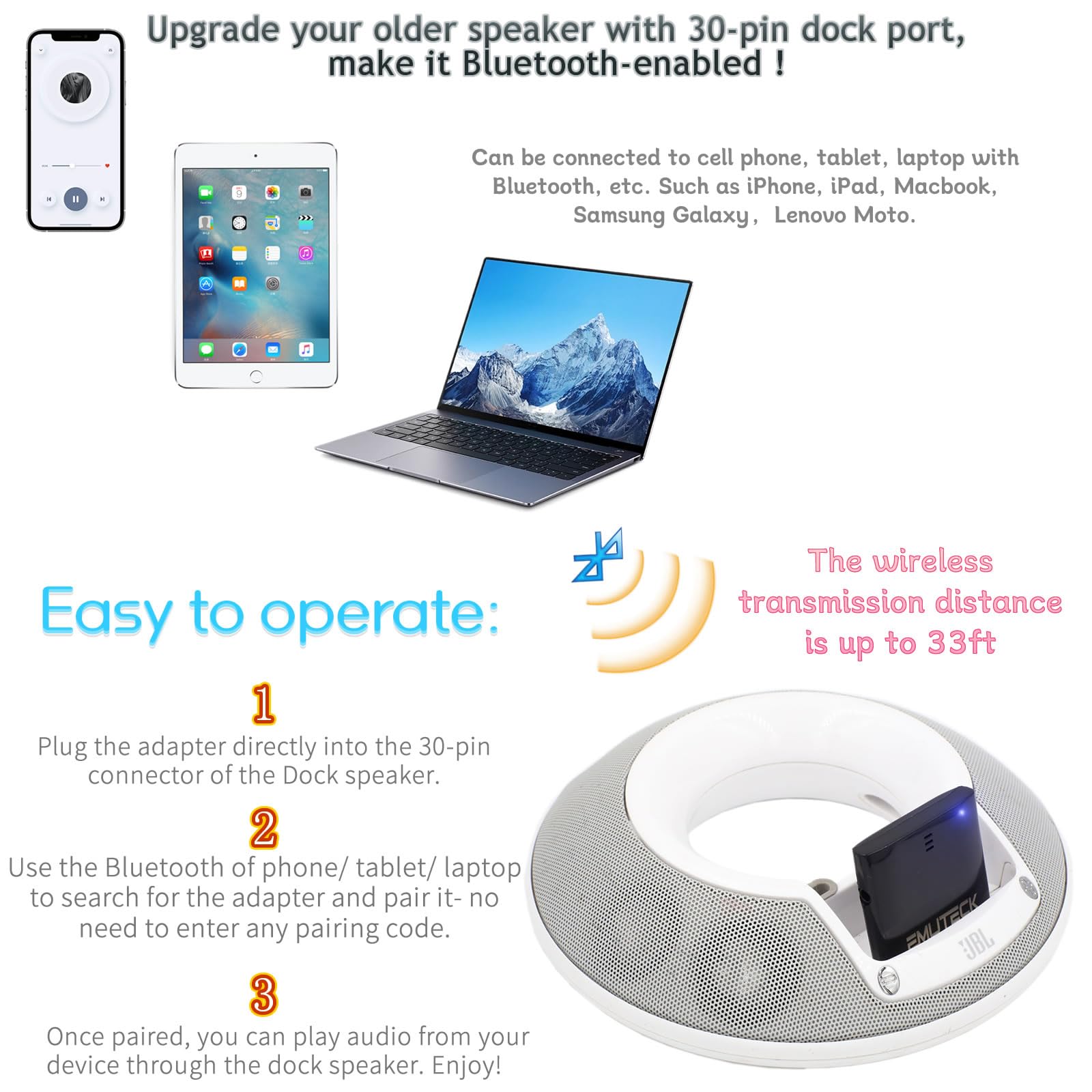 EMUTECK 30 Pin Bluetooth 5.0 Receiver Stereo Adapter for Bose SoundDock 2 and Other 30-pin Dock Speakers, with 3.5mm Aux Cable, for iPhone iPod Music Docking Stations (Not for Cars)