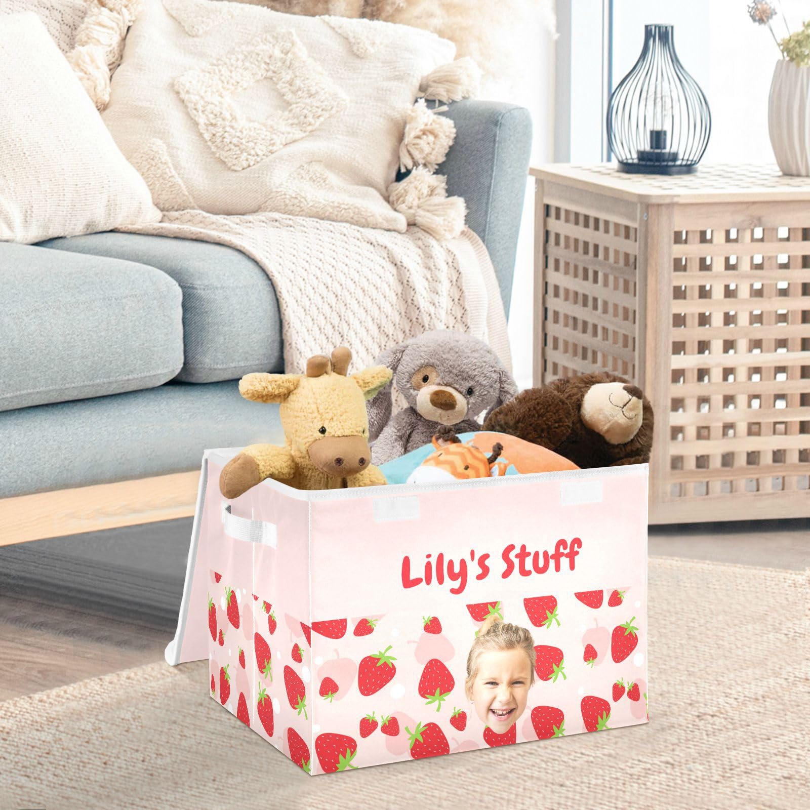 Sinestour Custom Storage Bins with Lid Personalized Storage Basket Box Shelf Basket Closet Organizer for Home Toy Playroom (Strawberry)