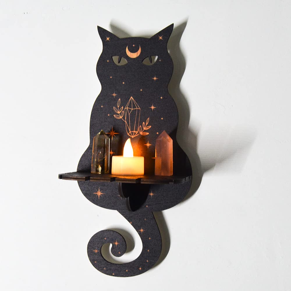 Jamo Homzi Crystal Shelf Black Crystal Display Shelf Crystal Pendulum Holder Stand Display Shelf Witch Bat Moth Stuff Wooden Kit Hanging Rustic Crystal (cat)