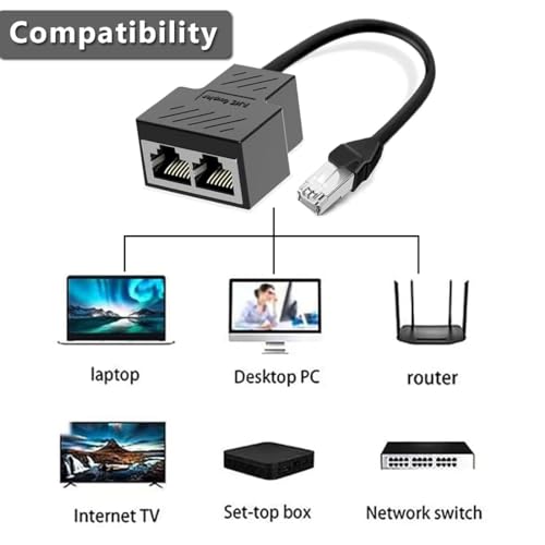 Snlrntin Ethernet Splitter Cable RJ45 Network Adapter, 1 Male to 2 Female LAN Internet Cable Adapter, Suitable Super Cat5, Cat5e, Cat6, Cat7