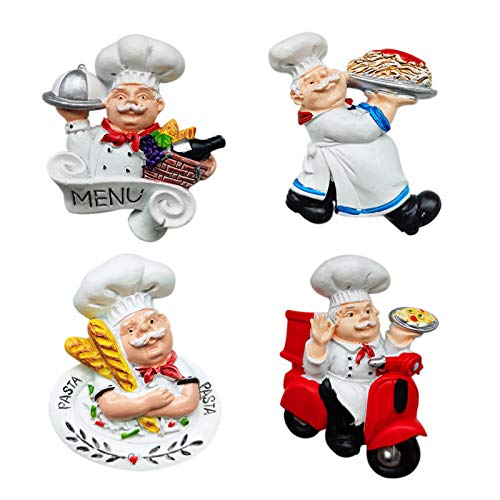 fzbali Italian Fat Chef Fridge Magnets Set of 4, Cute Chef Figurine Statue Decorations for Home Kitchen Restaurant, Funny 3D Resin Baker Refrigerator Decors Accessories