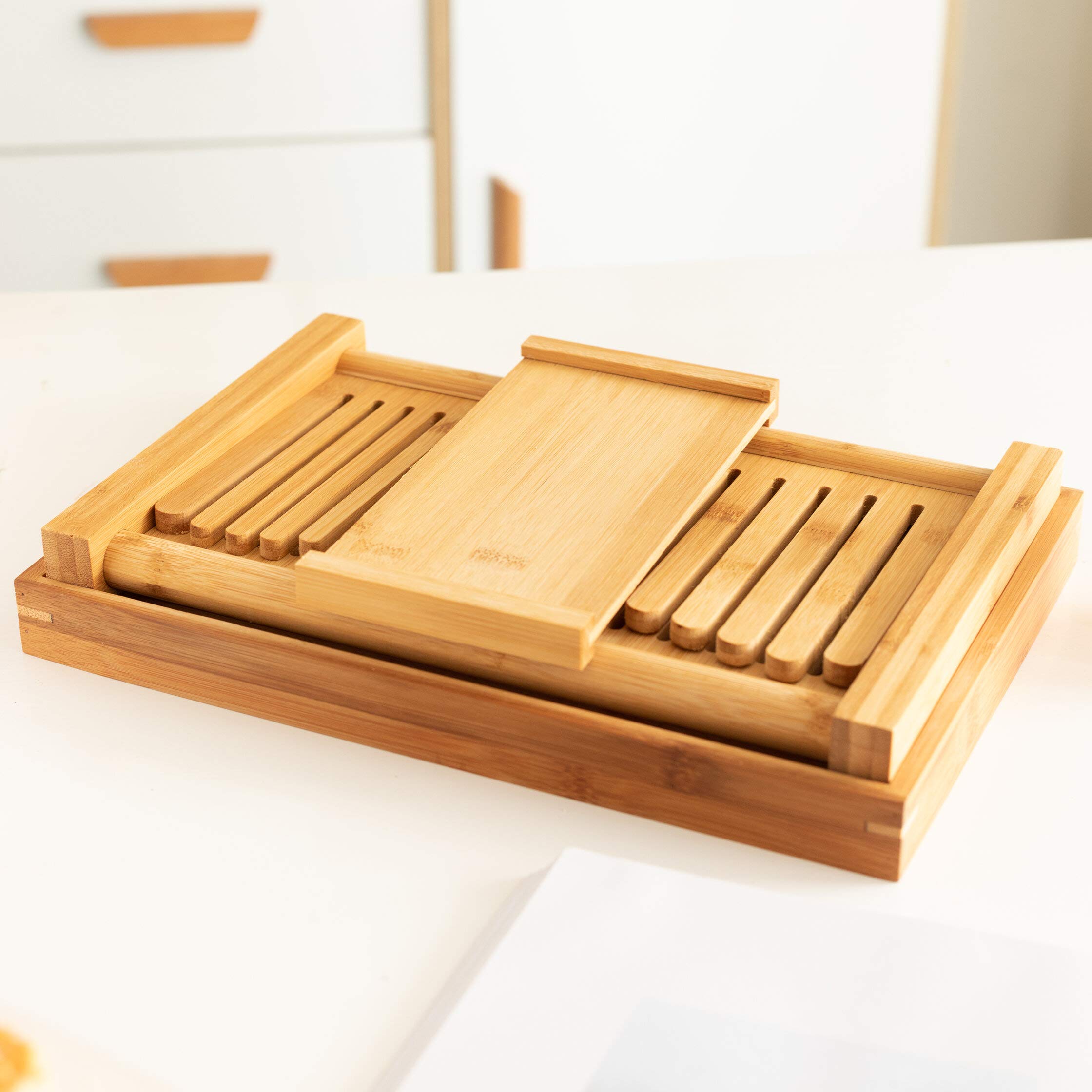 Eon Concepts Bamboo Bread Slicer - Adjustable & Foldable Cutting Guide with Bread Knife for Homemade Bread and Bagels - Compact Design With Crumb Catcher Tray…