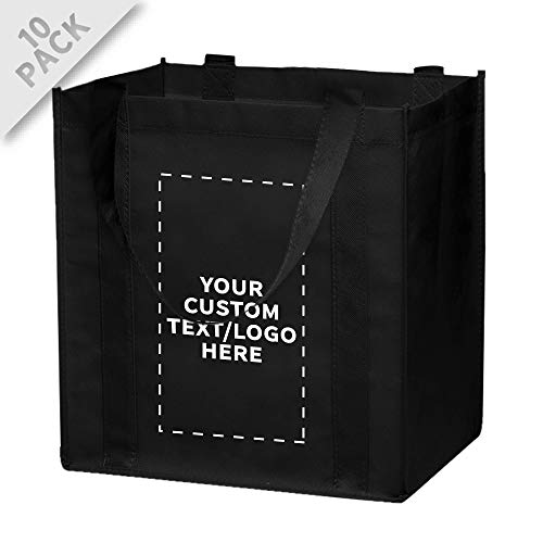 DISCOUNT PROMOS Custom Reusable Grocery Tote Bag for Shopping - 10 Pack - Personalized Logo, Text -Small Foldable Bags β Black